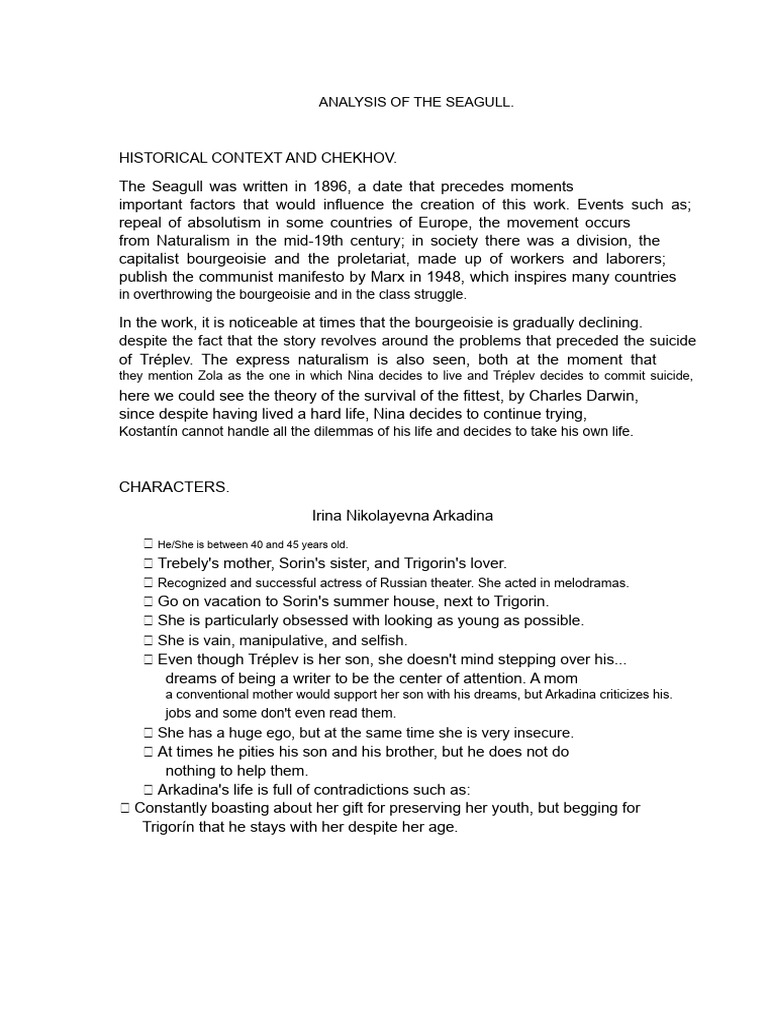 Chekhov's The Seagull: Character Analysis | PDF