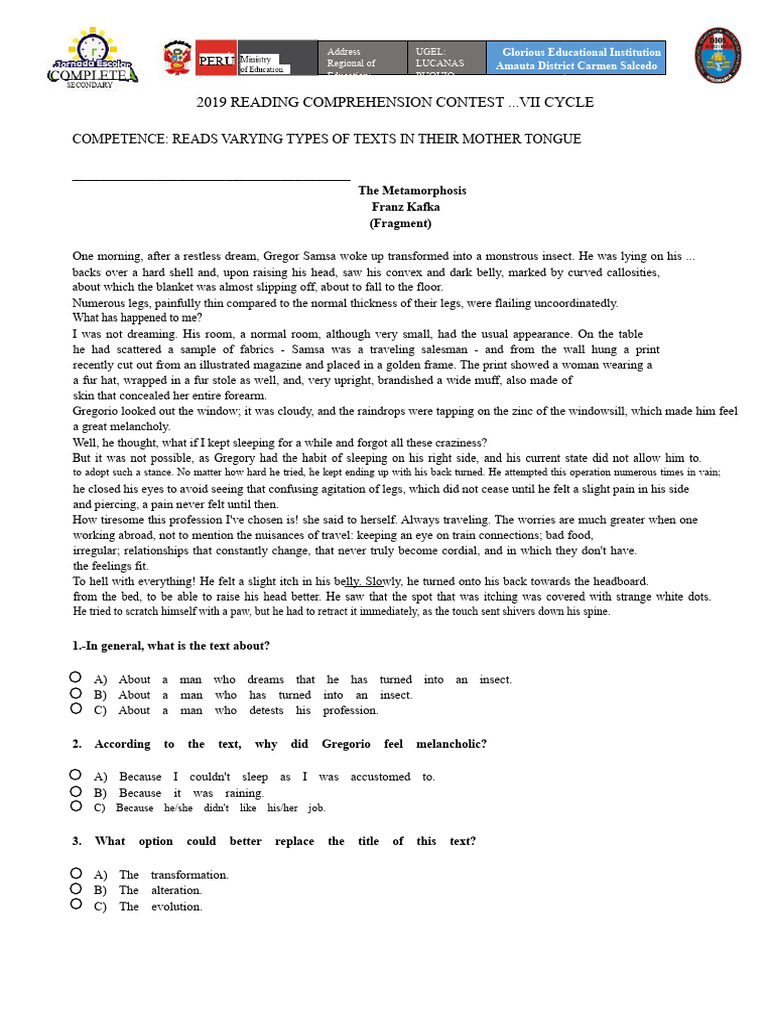 Reading Comprehension Contest 2019 Vii Cycle | PDF | The Metamorphosis ...