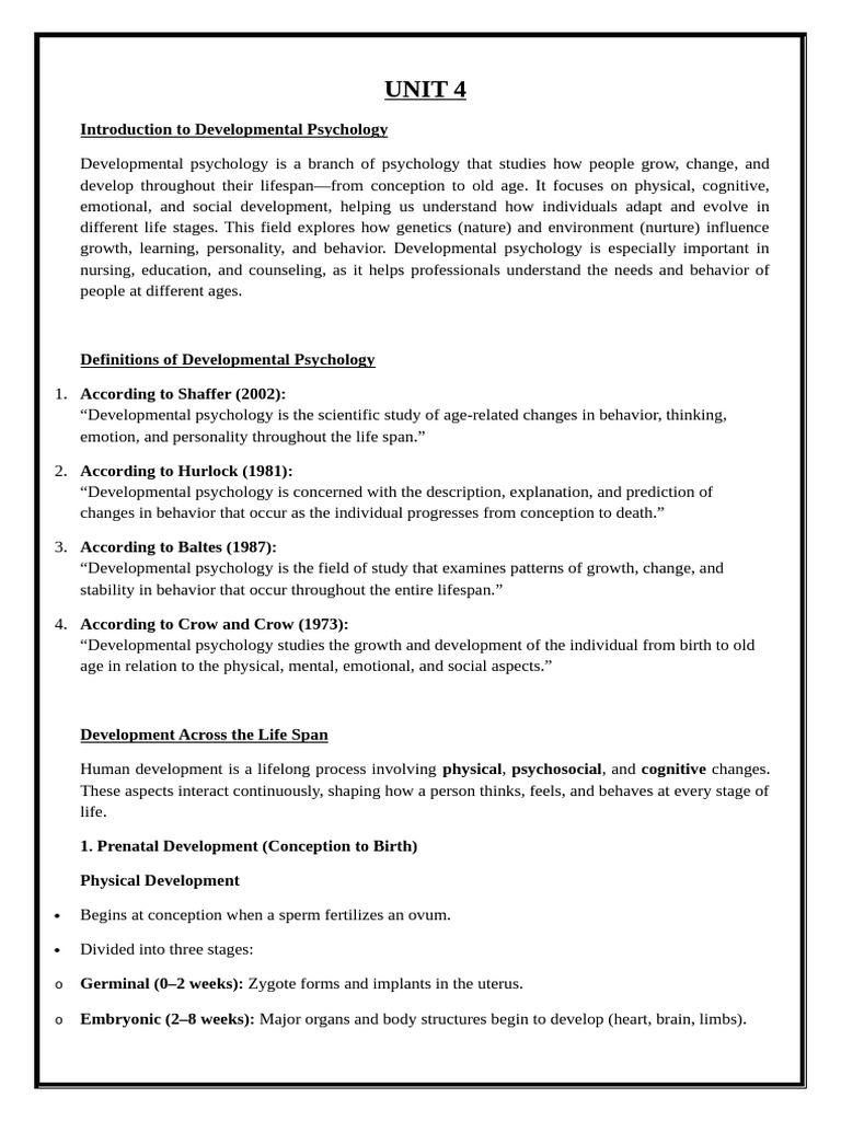 UNIT 4 Developmental Psychology | PDF | Developmental Psychology ...