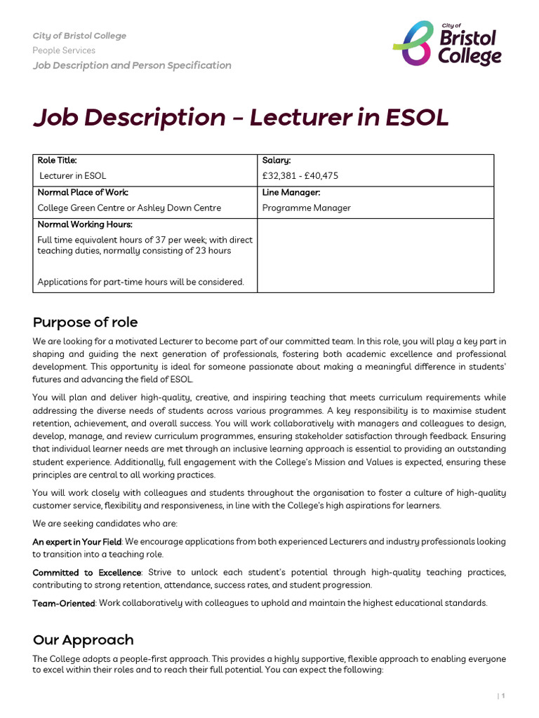 Lecturer in ESOL Job Description | PDF | Educational Assessment | Learning