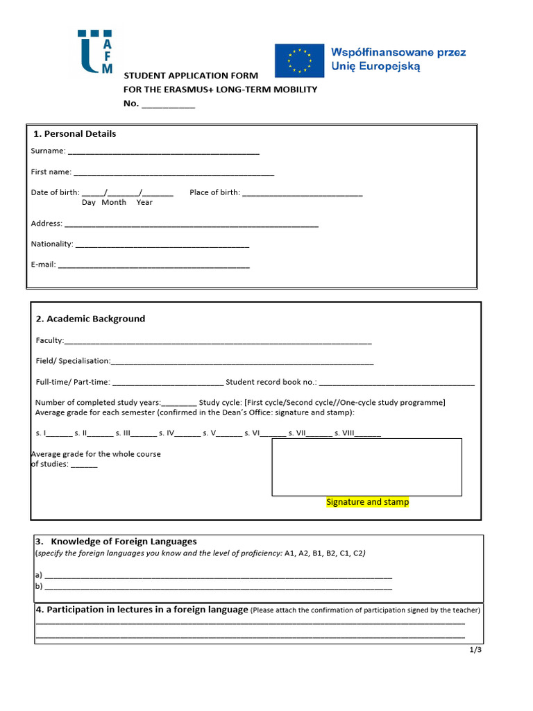 Application Form Student Long Erasmus 24a | PDF