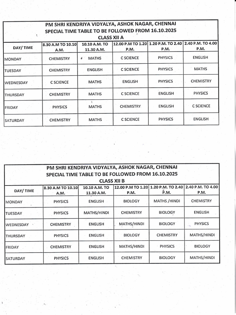 Special Time Table for Class XII, Ashok Nagar | PDF