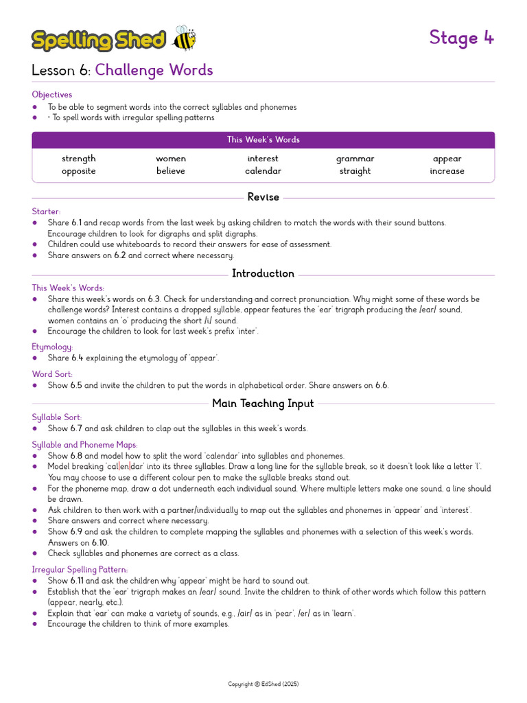 Stage 4 - Lesson 6 - Challenge Words - Lesson Plan | PDF | Phoneme | Word