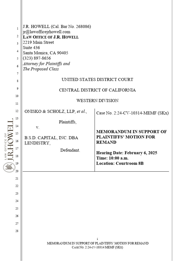 Plaintiffs' Motion for Remand Support | PDF | Amount In Controversy ...