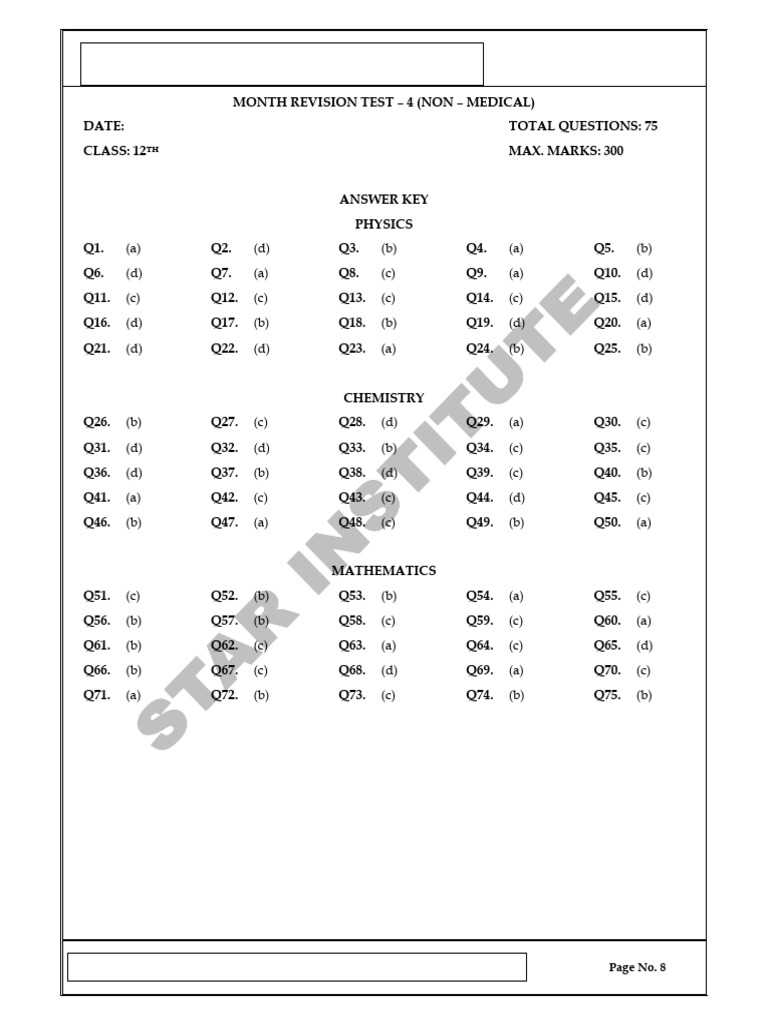 MRT Test - 4 Class 12 PCM - Doc Answer Key | PDF