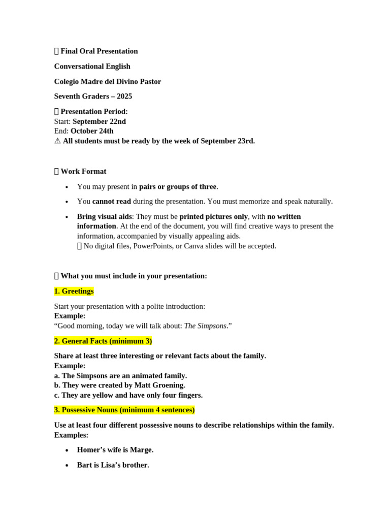 Final Oral Presentation 7th Graders 2025 Instructions and Rubrics | PDF | American Television ...