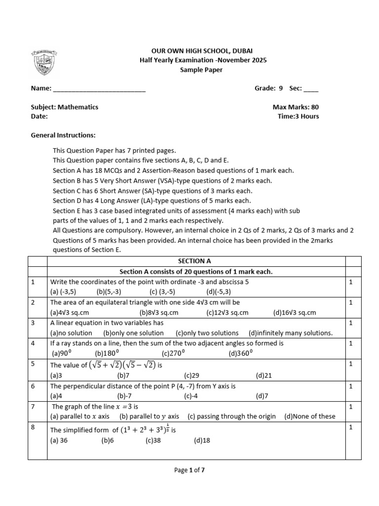 Grade 9 Mathematics Sample Paper | PDF | Equations | Cartesian ...