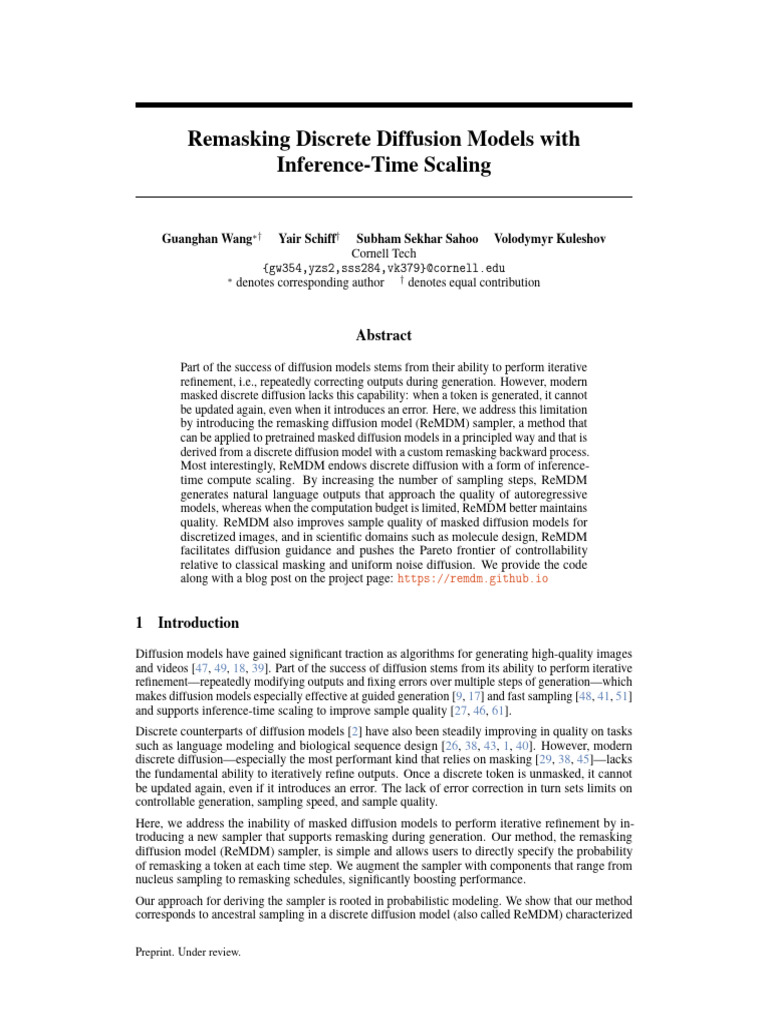 Remasking Discrete Diffusion Models With Inference-Time Scaling | PDF ...