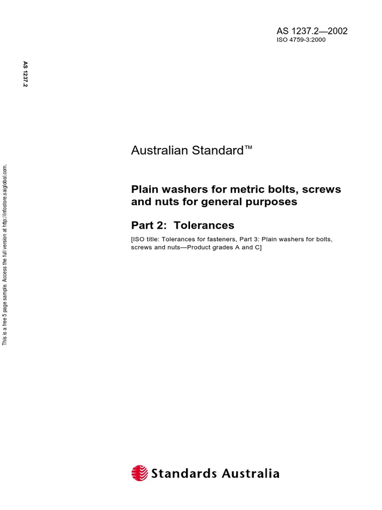 As 1237.2-2002 Plain Washers For Metric Bolts Screws and Nuts For ...