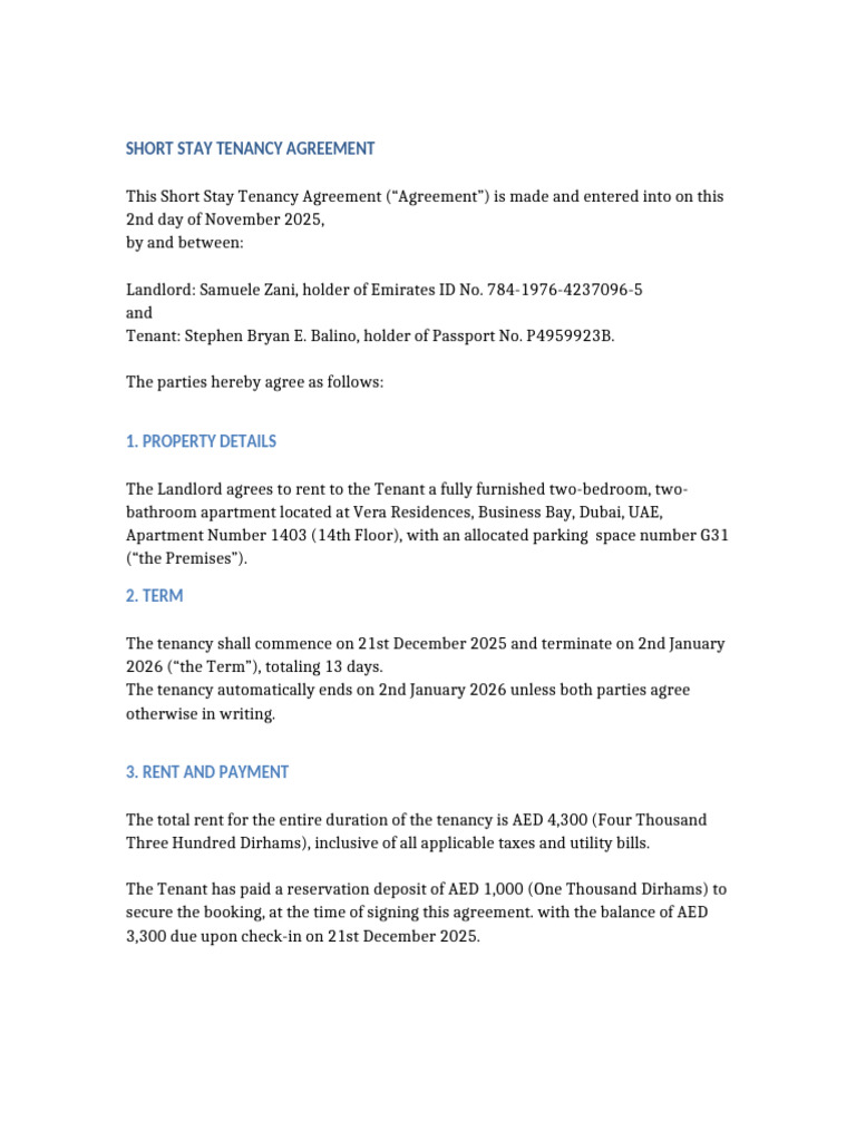 Short Stay Tenancy Agreement Dubai | PDF | Leasehold Estate | Lease