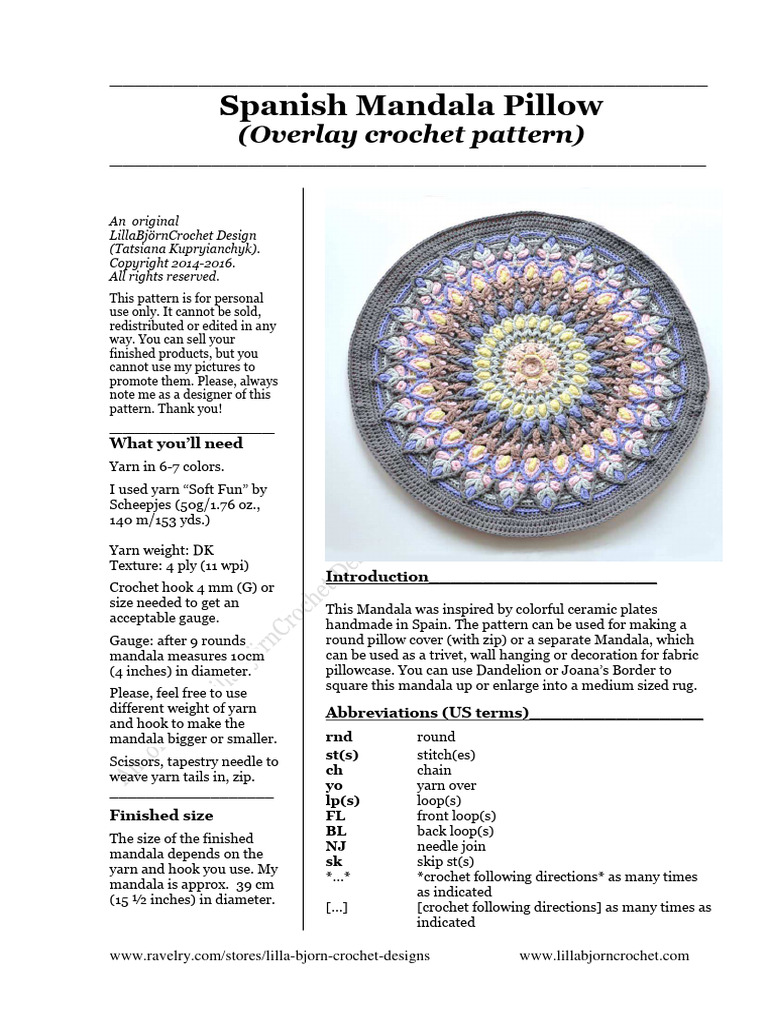 Spanish Mandala Pillow Crochet Pattern | PDF | Crochet | Textile Arts