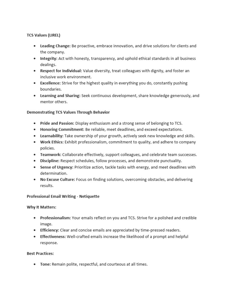 TCS LIREL Values Overview | PDF | Relaxation (Psychology) | Behavioural ...
