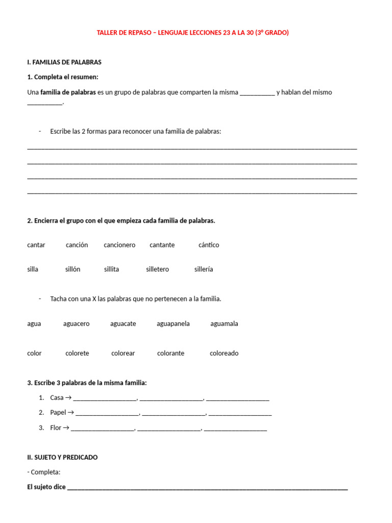 Taller de Repaso: Lenguaje 3° Grado | PDF | Predicado (Gramática ...
