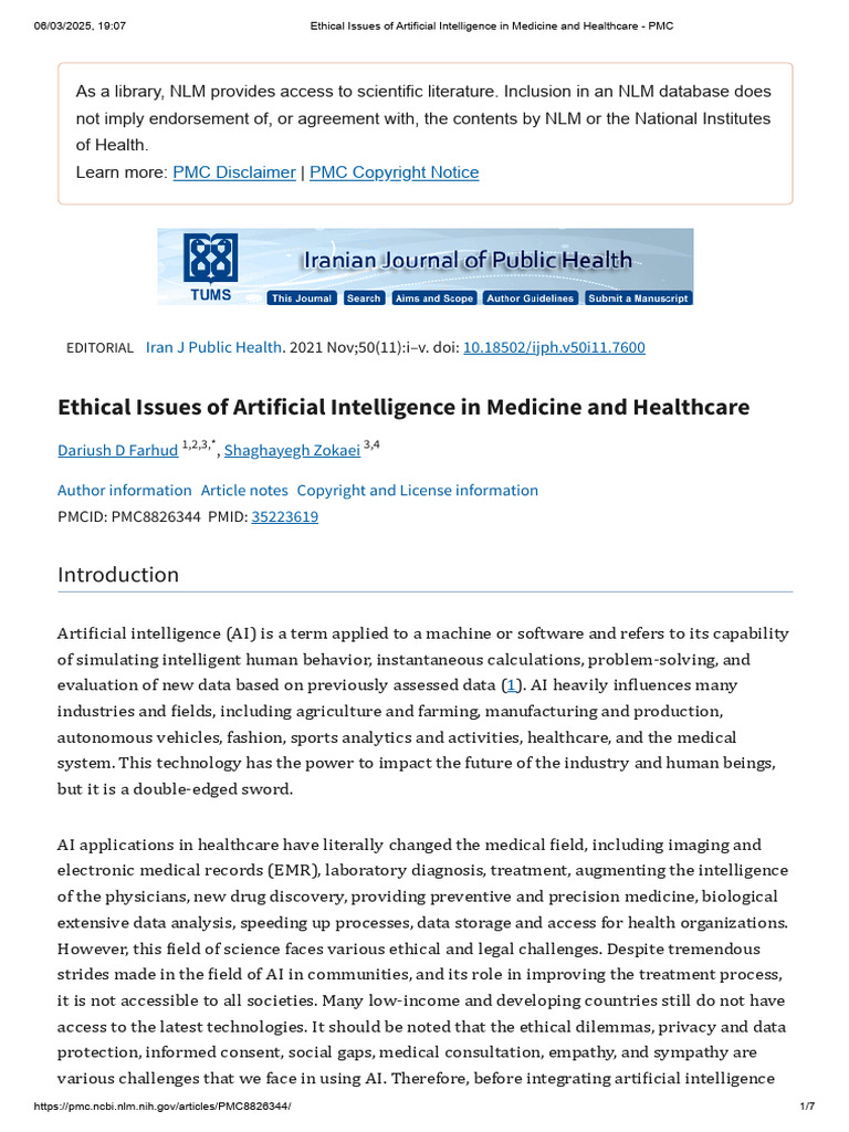 Ethical Issues of Artificial Intelligence in Medicine and Healthcare - PMC | PDF | Informed ...
