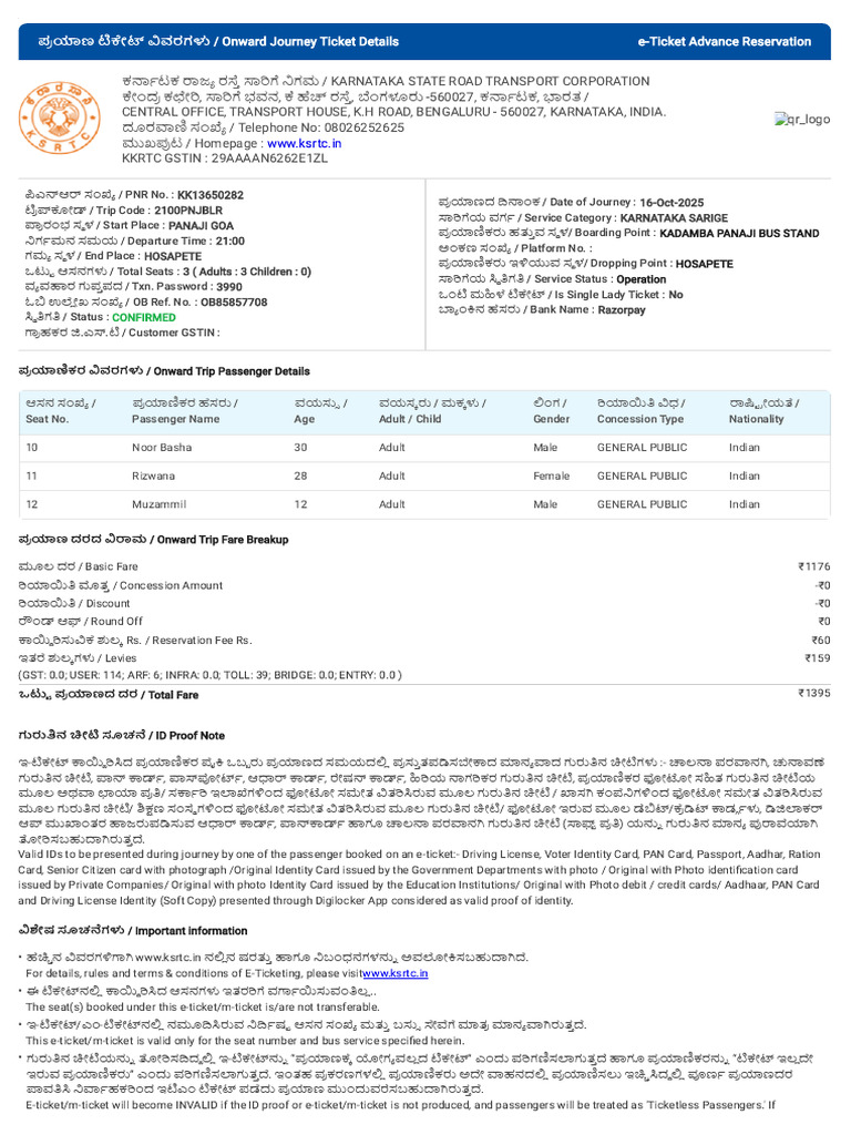 Panaji Goa Hospet KK13650282 | PDF