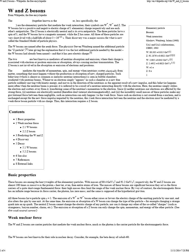 W and Z Bosons - Wikipedia, The Free Encyclopedia | PDF | Elementary ...