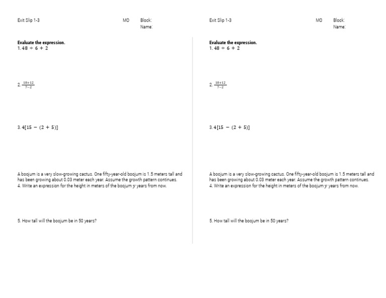 Math Exit Slip: Evaluating Expressions | PDF