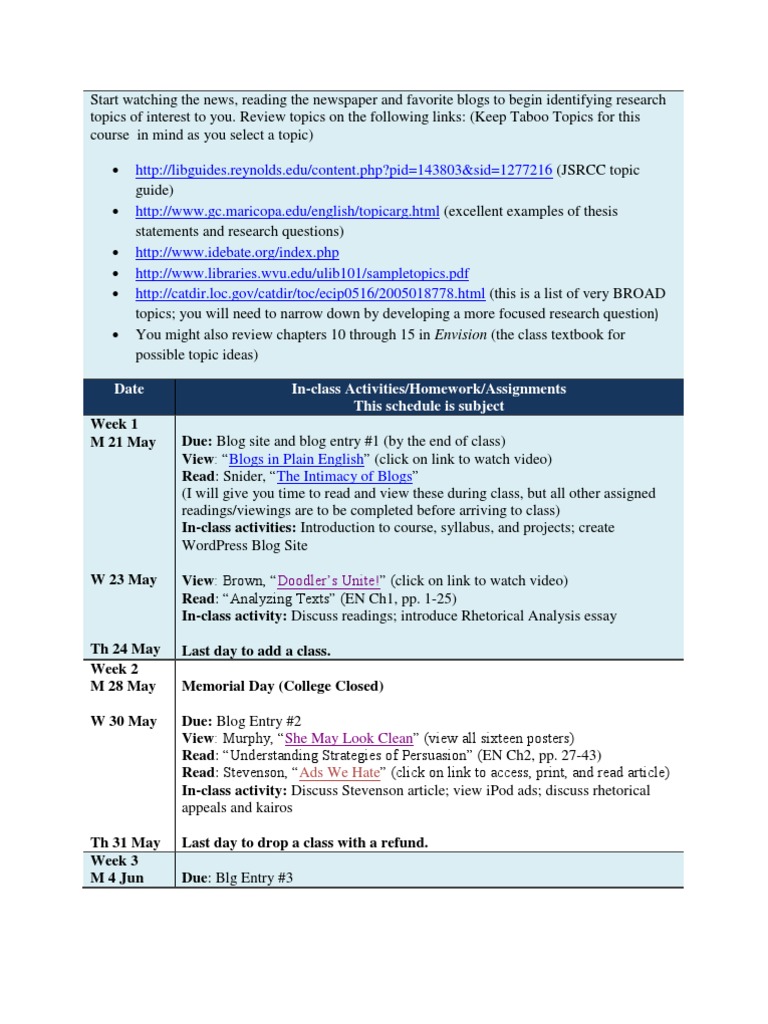 Date In-Class Activities/Homework/Assignments This Schedule Is Subject ...
