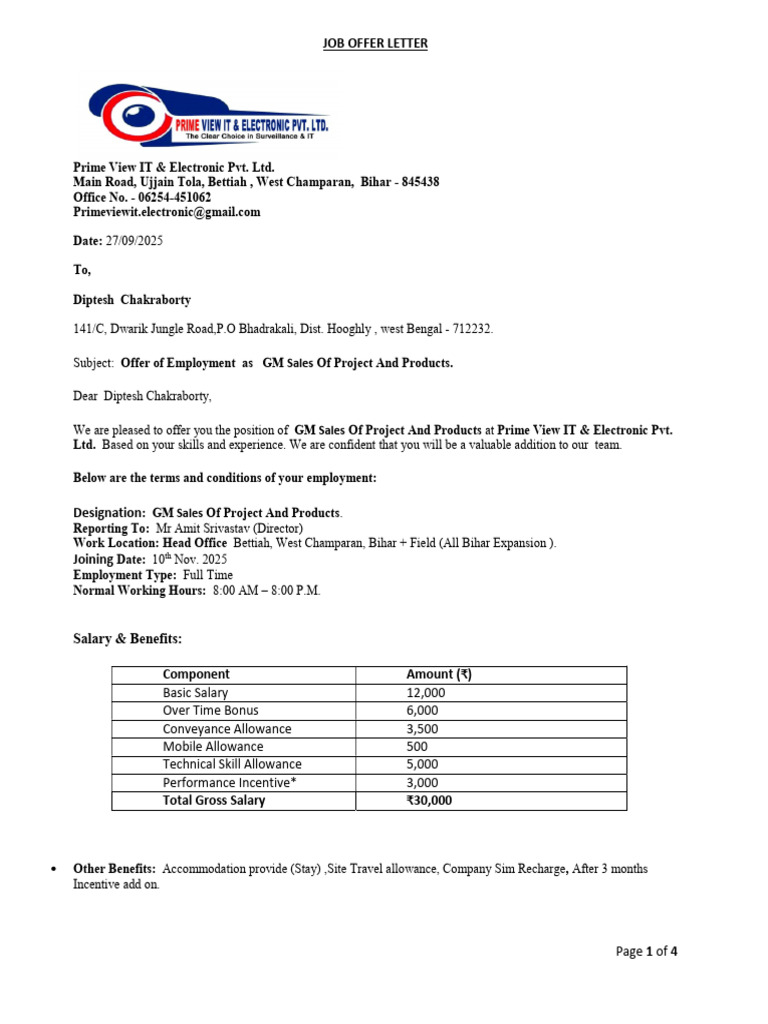 Job Offer for GM Sales Position | PDF | Salary | Budget