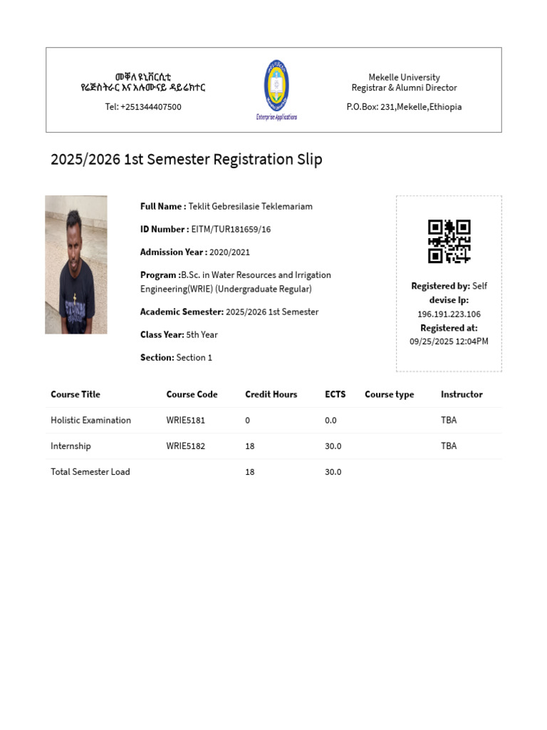 2025/2026 1st Semester Registration Slip: Full Name: ID Number ...