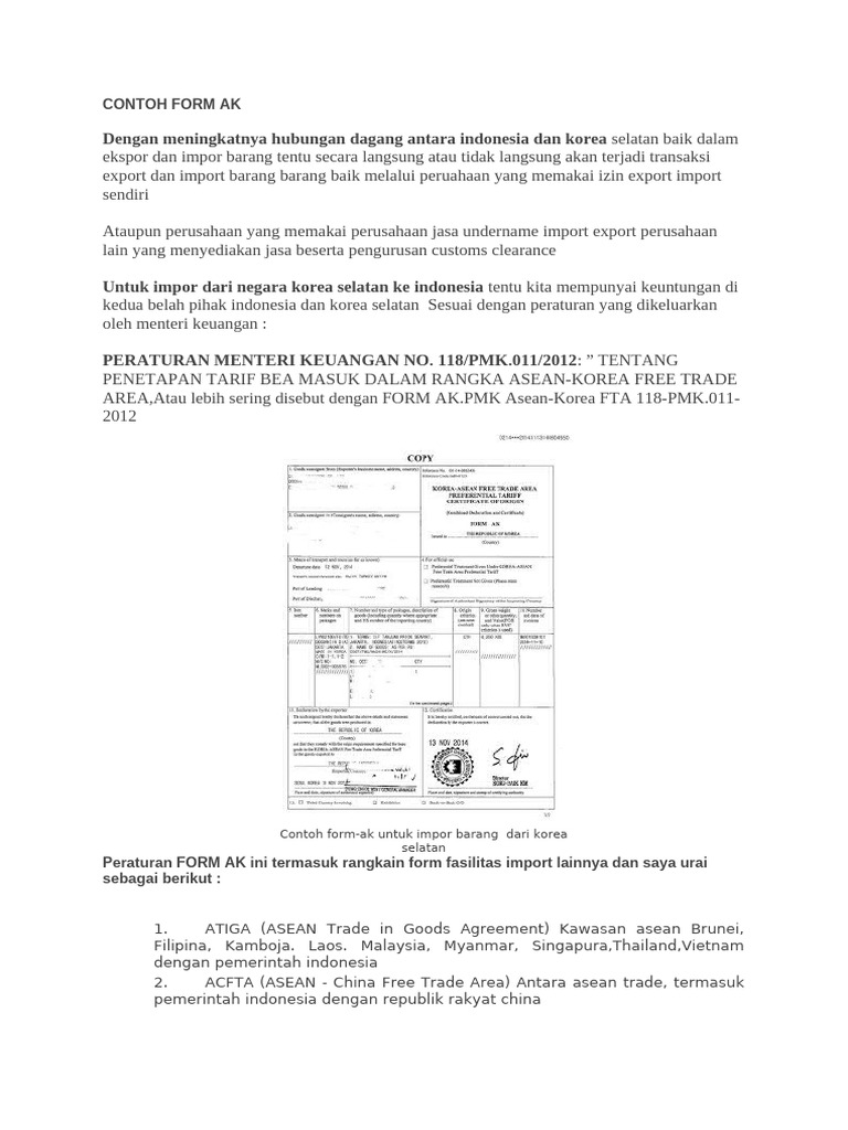 Contoh Form AK untuk Impor dari Korea | PDF
