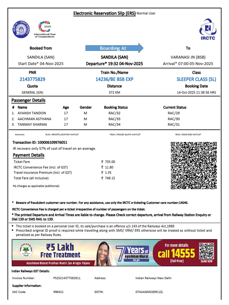 14236/BE BSB EXP Sleeper Class (SL) | PDF | Identity Document | Payments