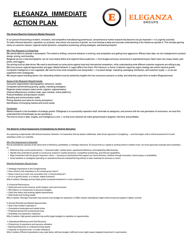 Eleganza Immediate Action Plan | PDF | Pricing | Brand
