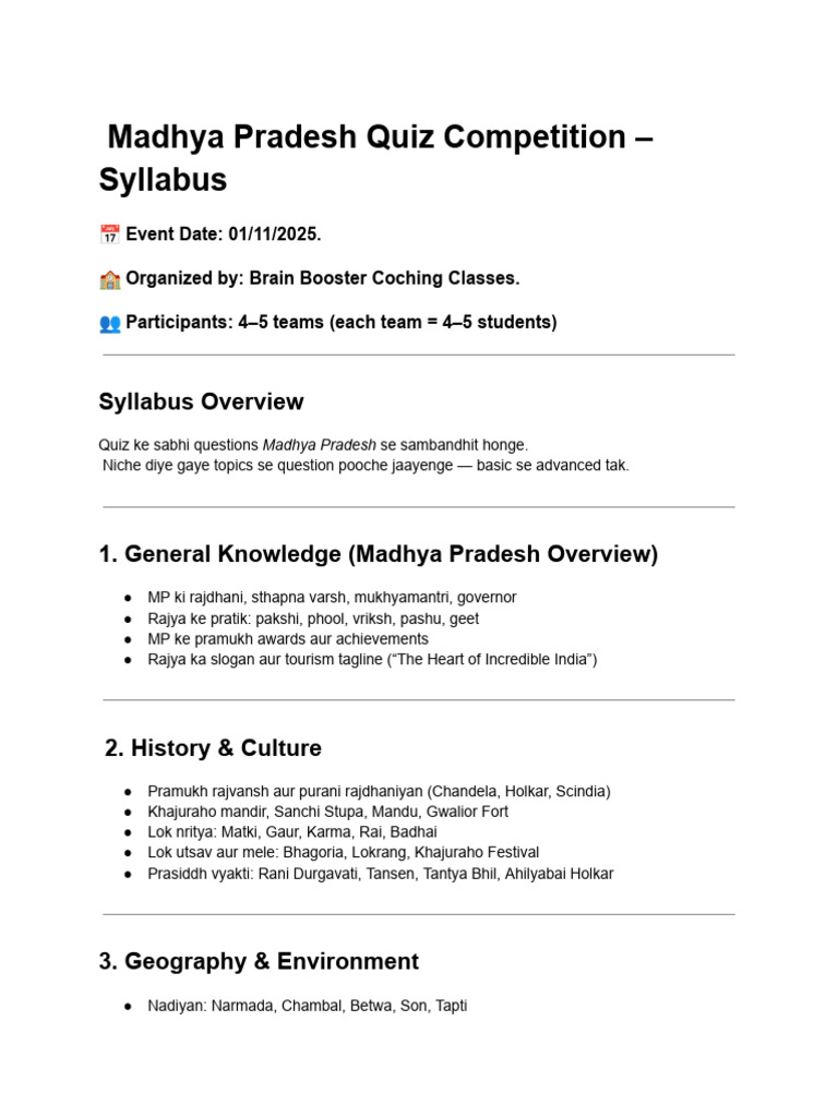 Madhya Pradesh Quiz Competition Guide | PDF