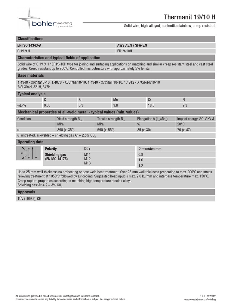 Thermanit 19/10H Creep Resistant Wire | PDF | Steel | Creep (Deformation)