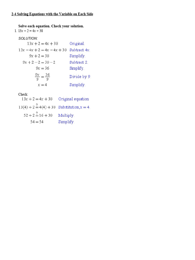 Solving and Checking Equations | PDF | Equations | Variable (Mathematics)
