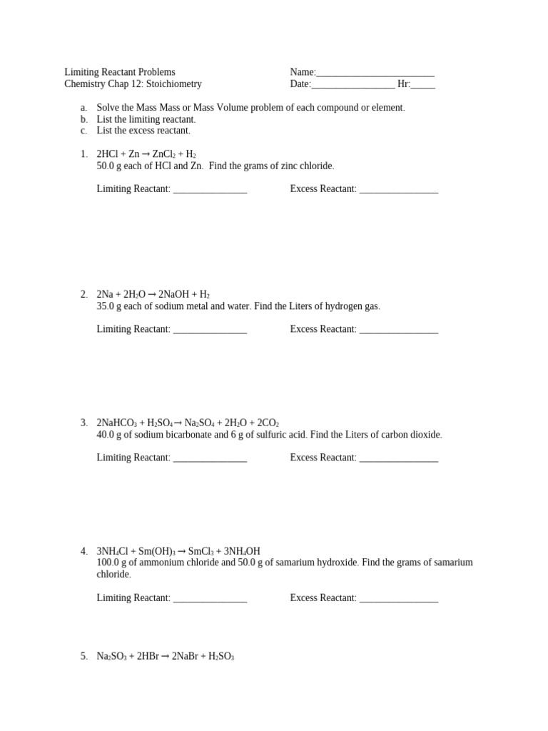Limiting Reactant Problems | PDF