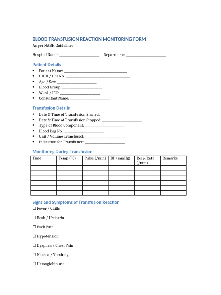 Blood Transfusion Reaction Monitoring Form NABH | PDF