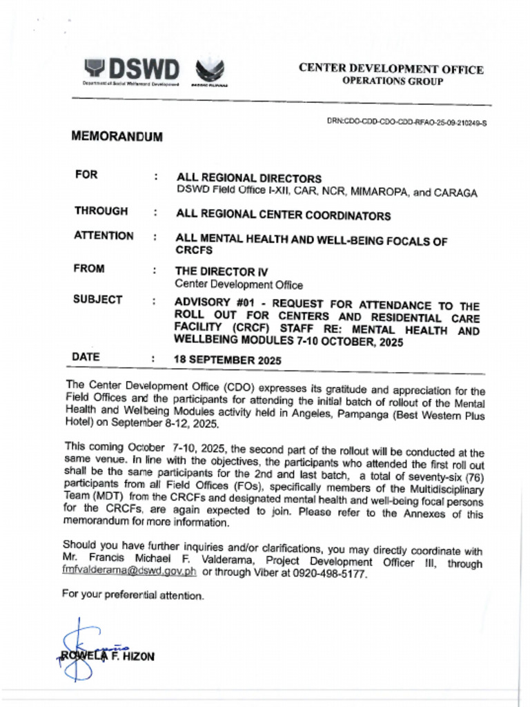 ALL FOs Re Advisory Requet For Attendance Re Roll Out For CRCF Re ...