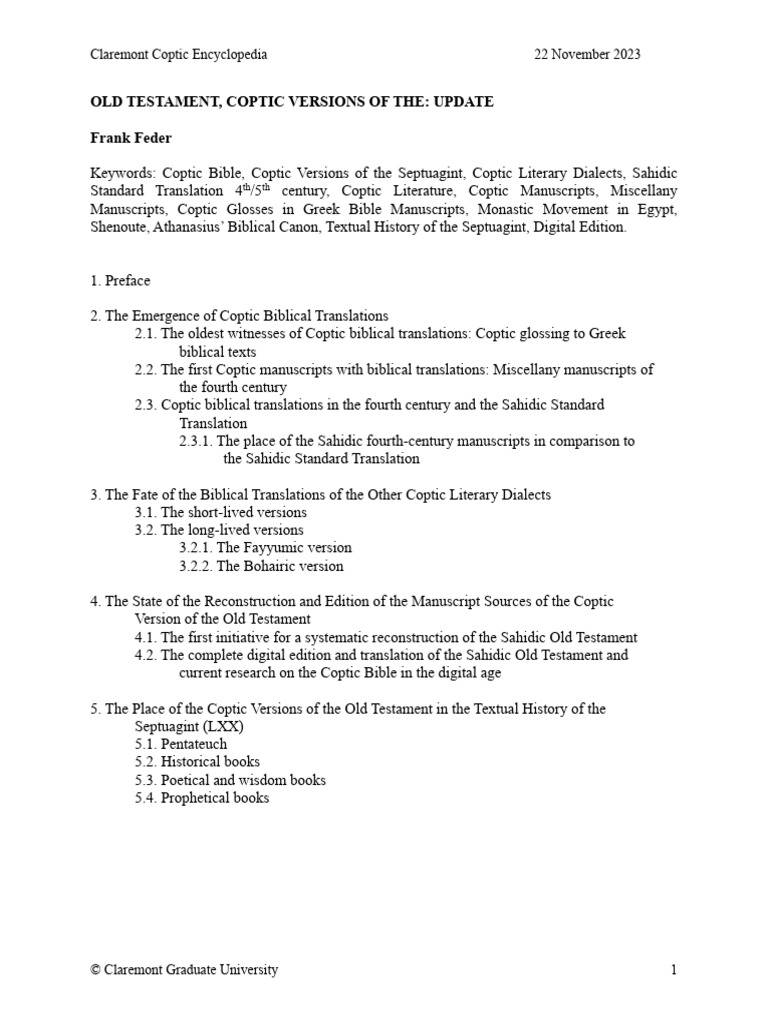 Old Testament Coptic Versions of The Upd | PDF | Bible | Bible Translations