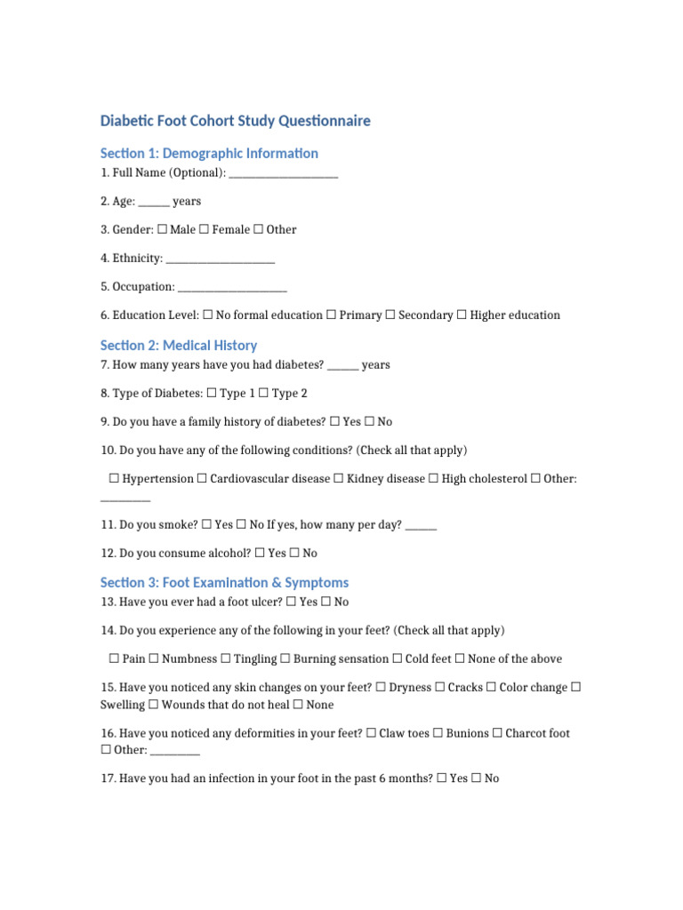 Diabetic Foot Cohort Study Questionnaire | PDF | Diabetes | Peripheral ...