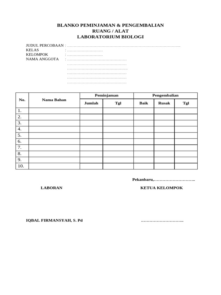 Formulir Peminjaman Alat Laboratorium | PDF
