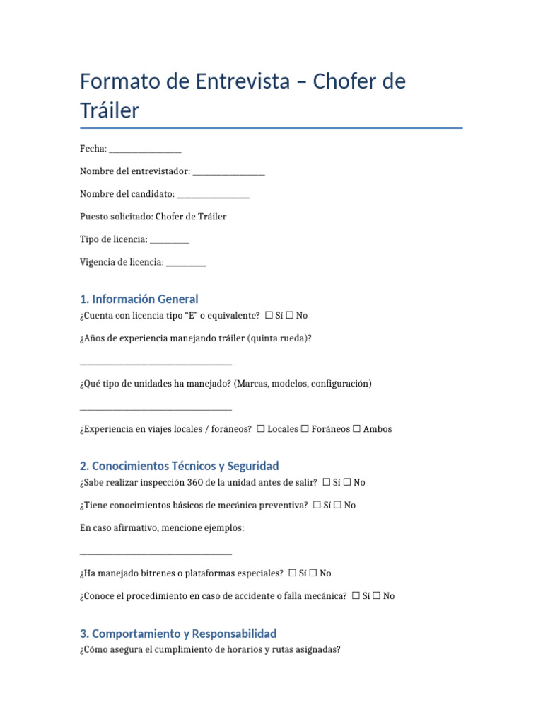 Formato Entrevista Chofer Trailer | PDF