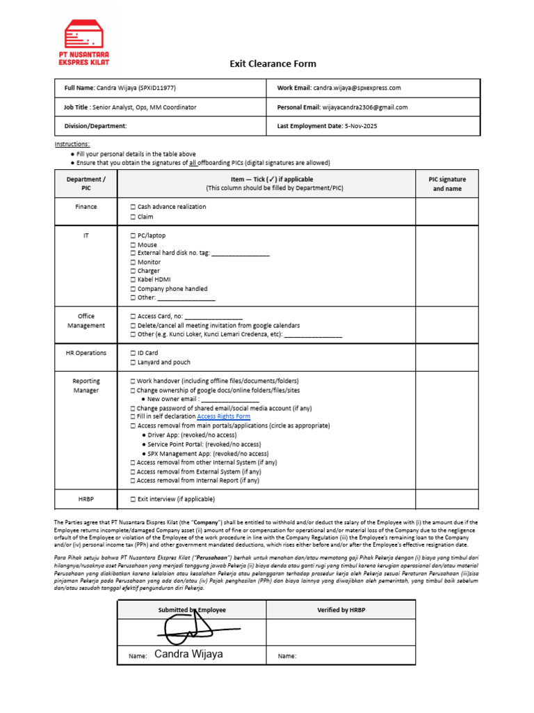 Exit Clearance Form - Candra Wijaya - Senior Analyst, Ops, MM ...