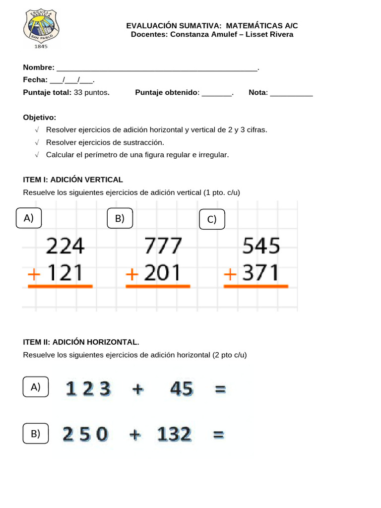 Evaluación Sumativa Math Darinka | PDF