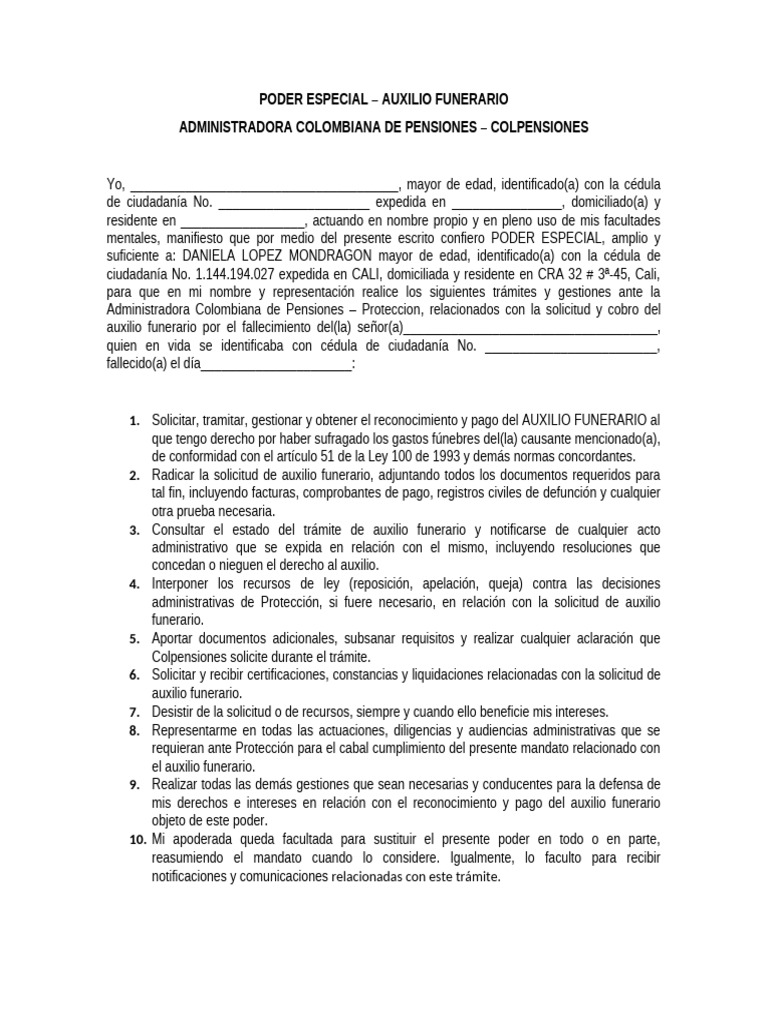 Poder Especial - Auxilio Funerario Colpensiones - Daniela Lopez. | PDF | Justicia | Crimen y ...