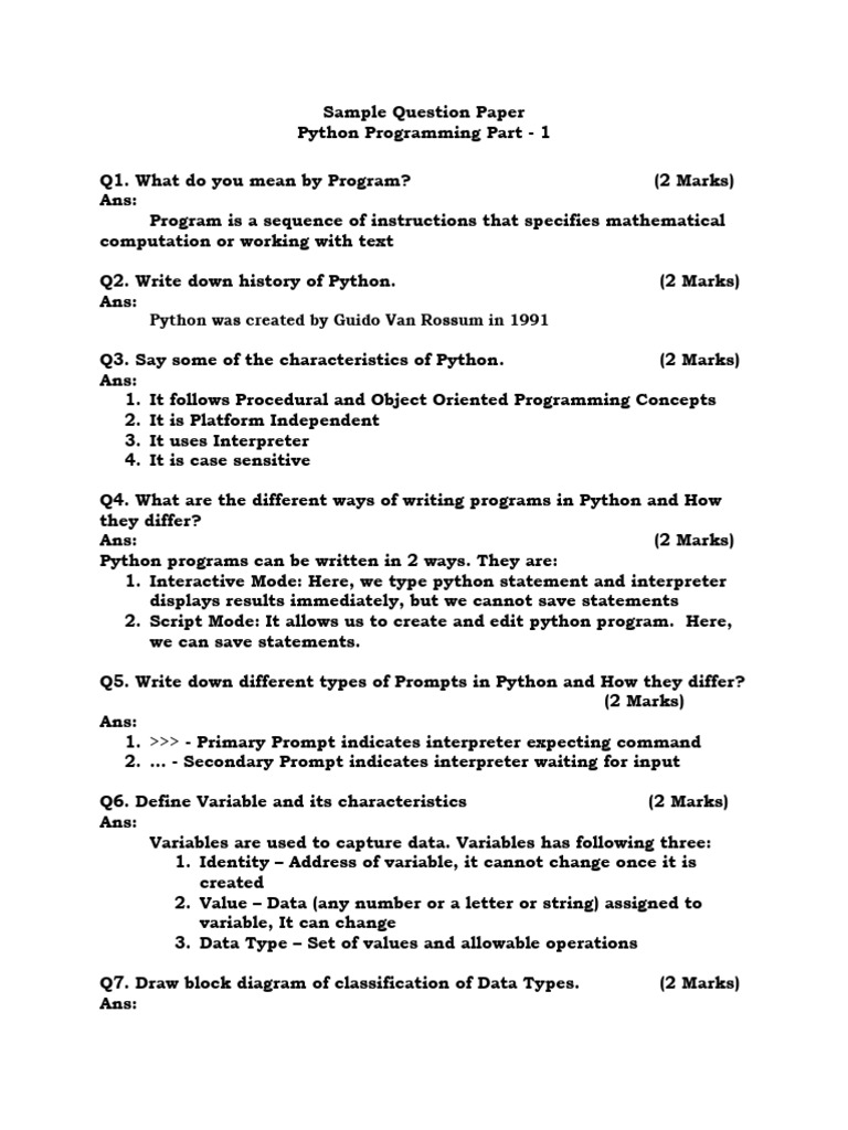 Python - Part - 1 QA Sample Question Paper With Marking Scheme | PDF | Data Type | Python ...