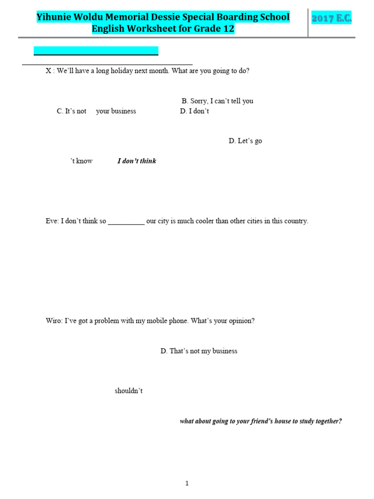 English Work-Sheets Grade 12 (170) Question-1 | PDF