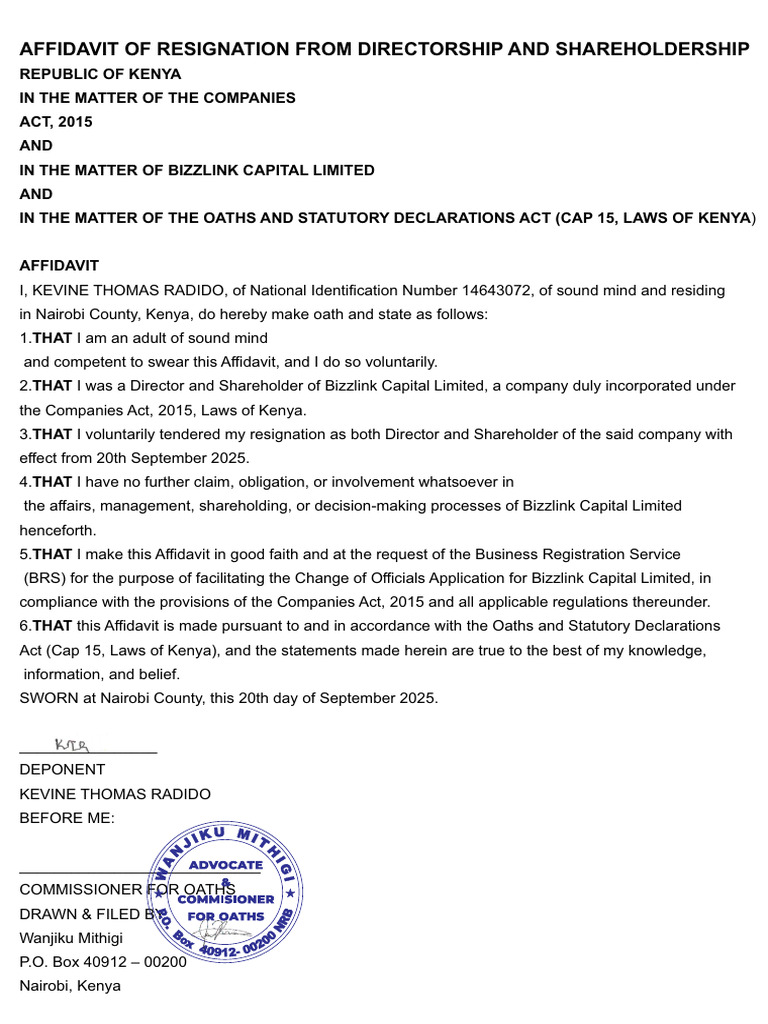 Director and Shareholder Resignation Affidavit | PDF