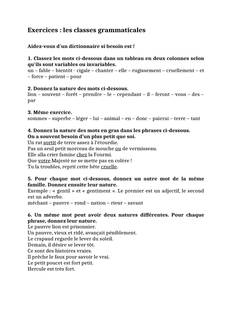 Exercices sur les classes grammaticales | PDF