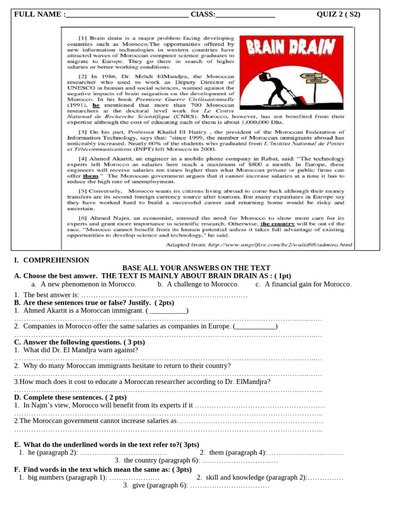 Brain Drain Reading Quiz 2 2bac1 (s2) | PDF
