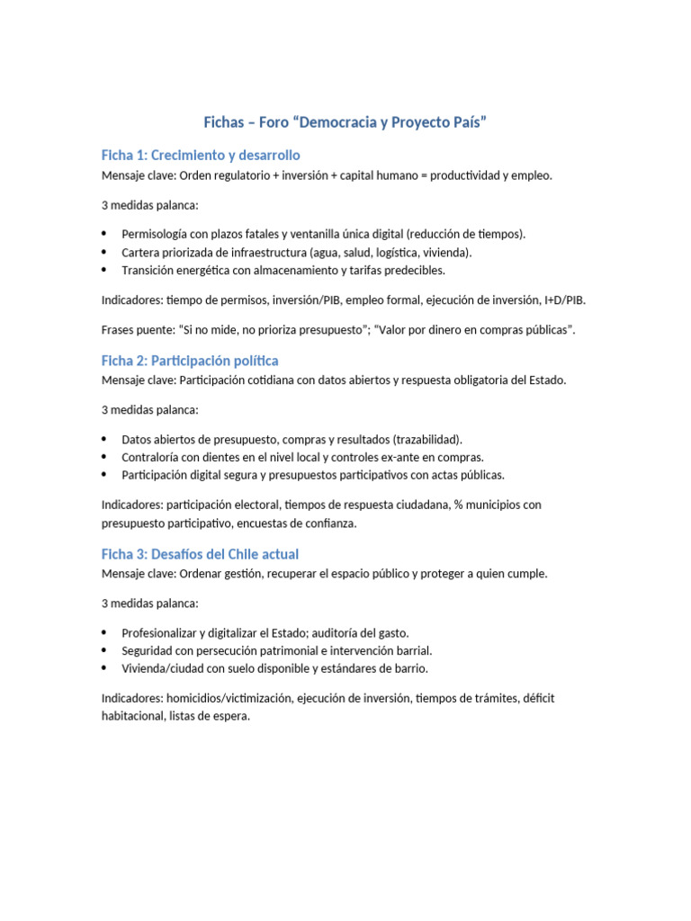 Fichas Foro Democracia Proyecto Pais | PDF
