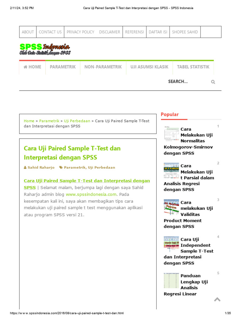 Uji Paired Sample T-Test dengan SPSS | PDF