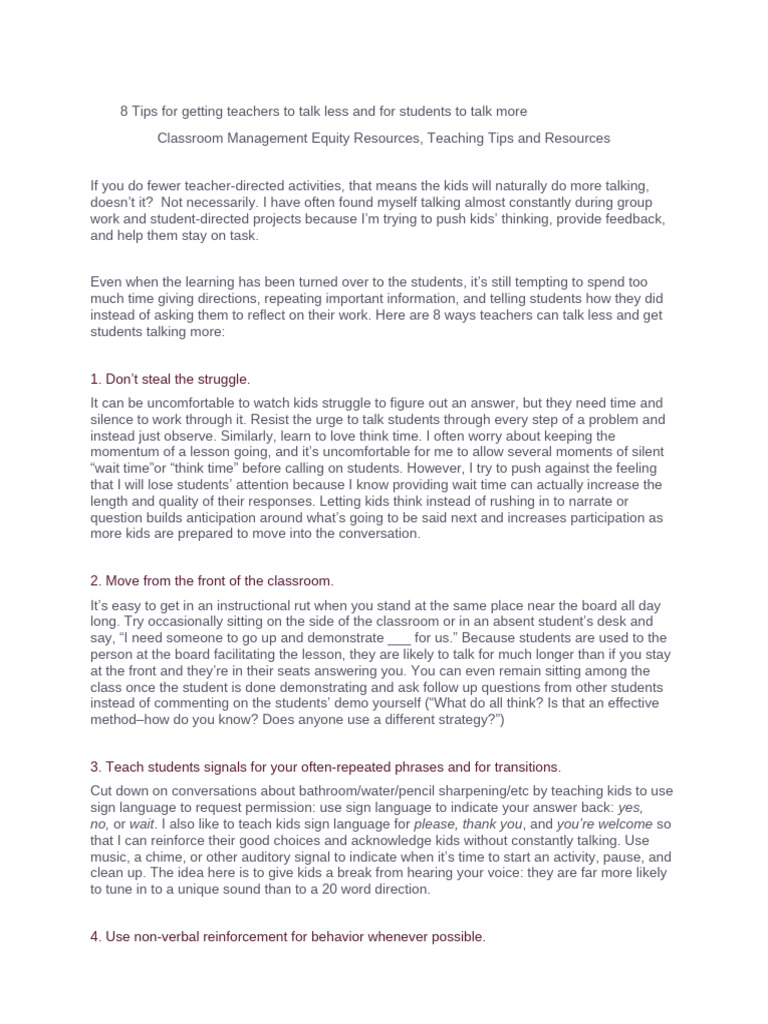 8 Tips for Teachers to Encourage Student Talk | PDF | Classroom ...