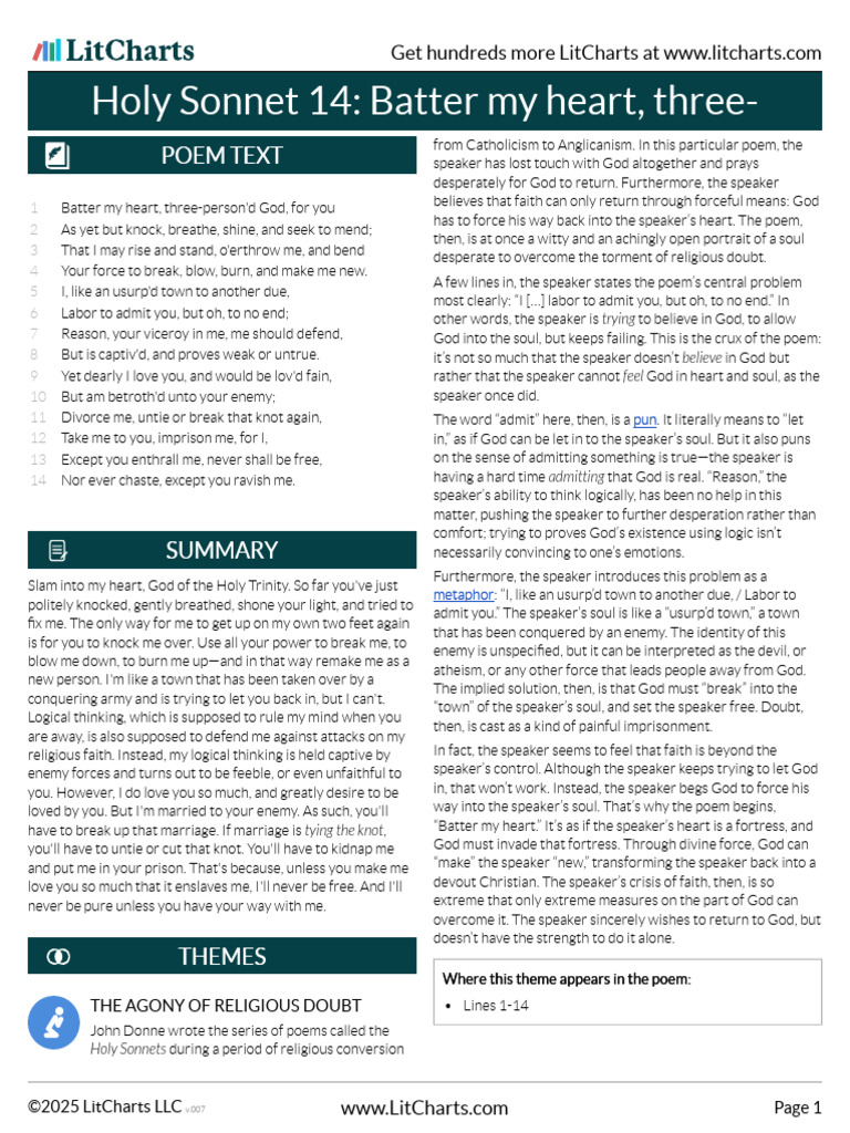 LitCharts Holy Sonnet 14 Batter My Heart Three Person D God | PDF | Metre (Poetry) | Reason