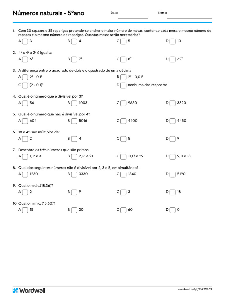Números Naturais 5ºano Questionário | PDF